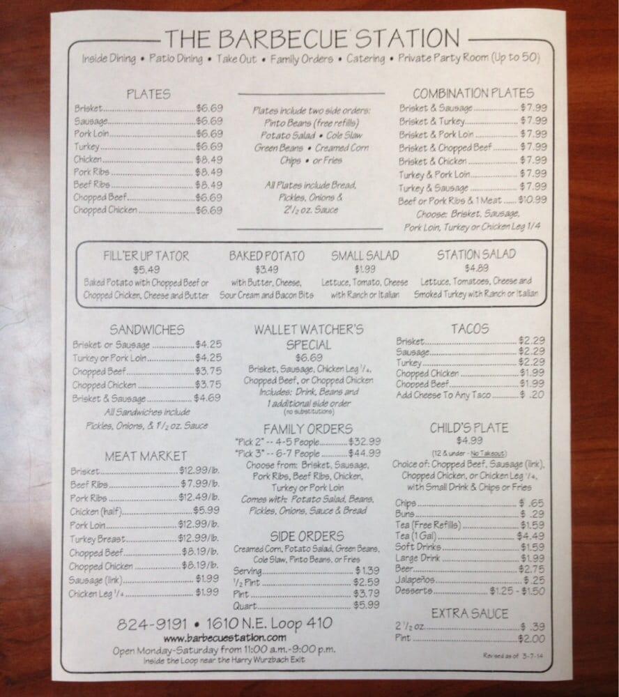 Menu at The Barbecue Station, San Antonio