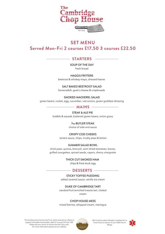 Menu at The Cambridge Chop House steakhouse, Cambridge