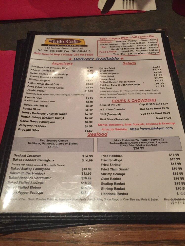 Menu at The Lido Cafe, Lynn, 112/1 N Federal St