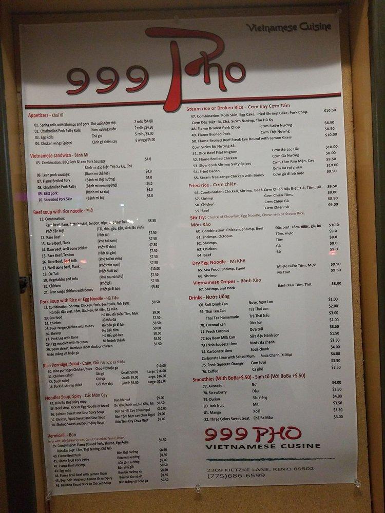 Menu at 999 Phở restaurant, Reno, Kietzke Ln