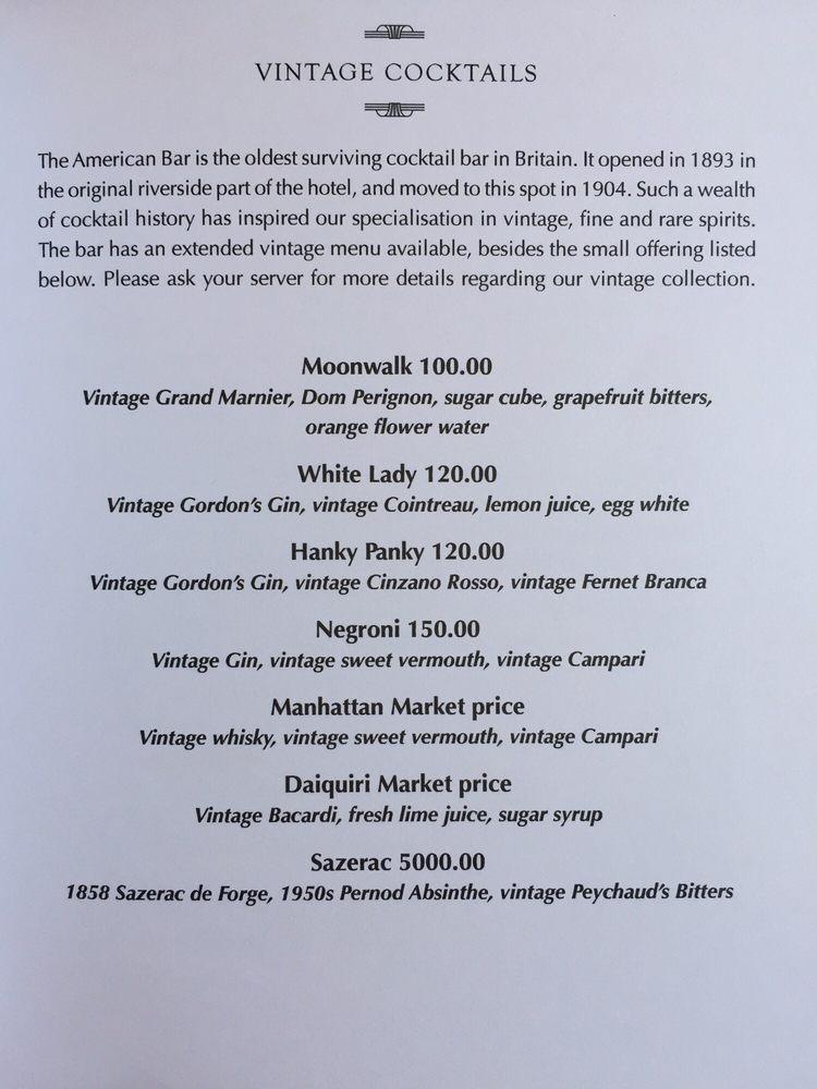 Menu at American Bar, London, The Savoy