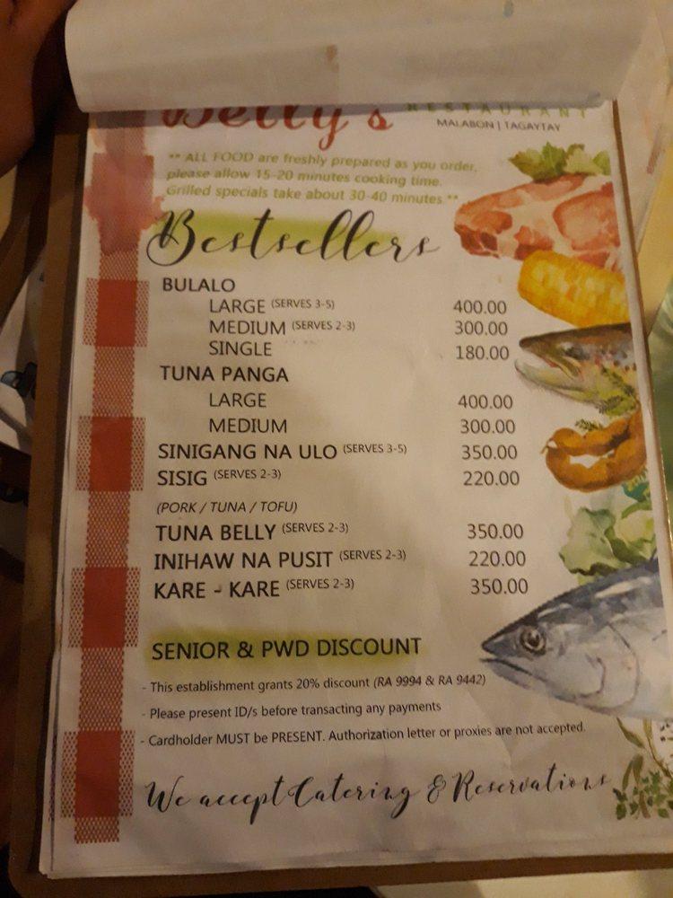 Menu at Belly's Restaurant, Malabon