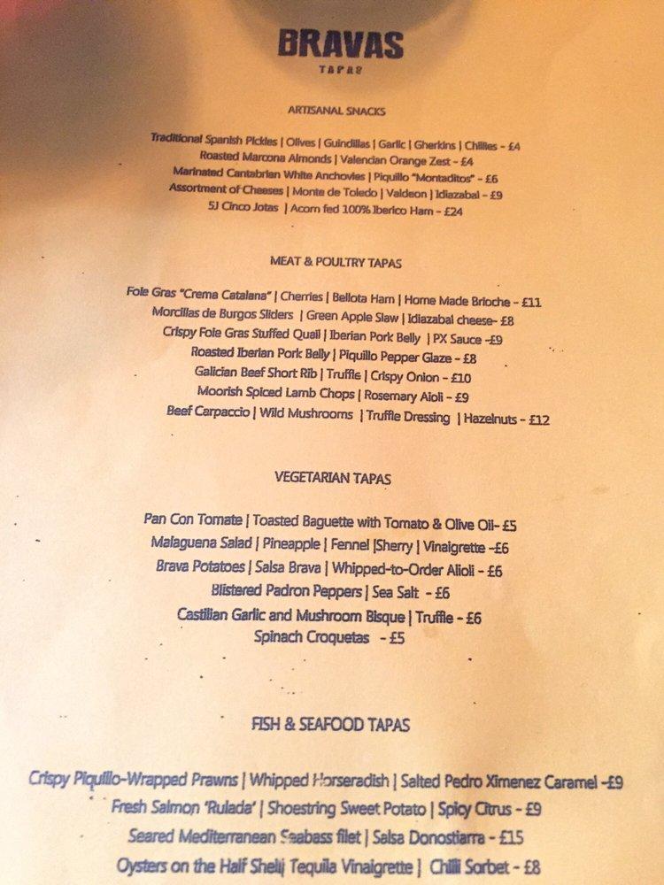 Menu at Bravas Tapas restaurant, London