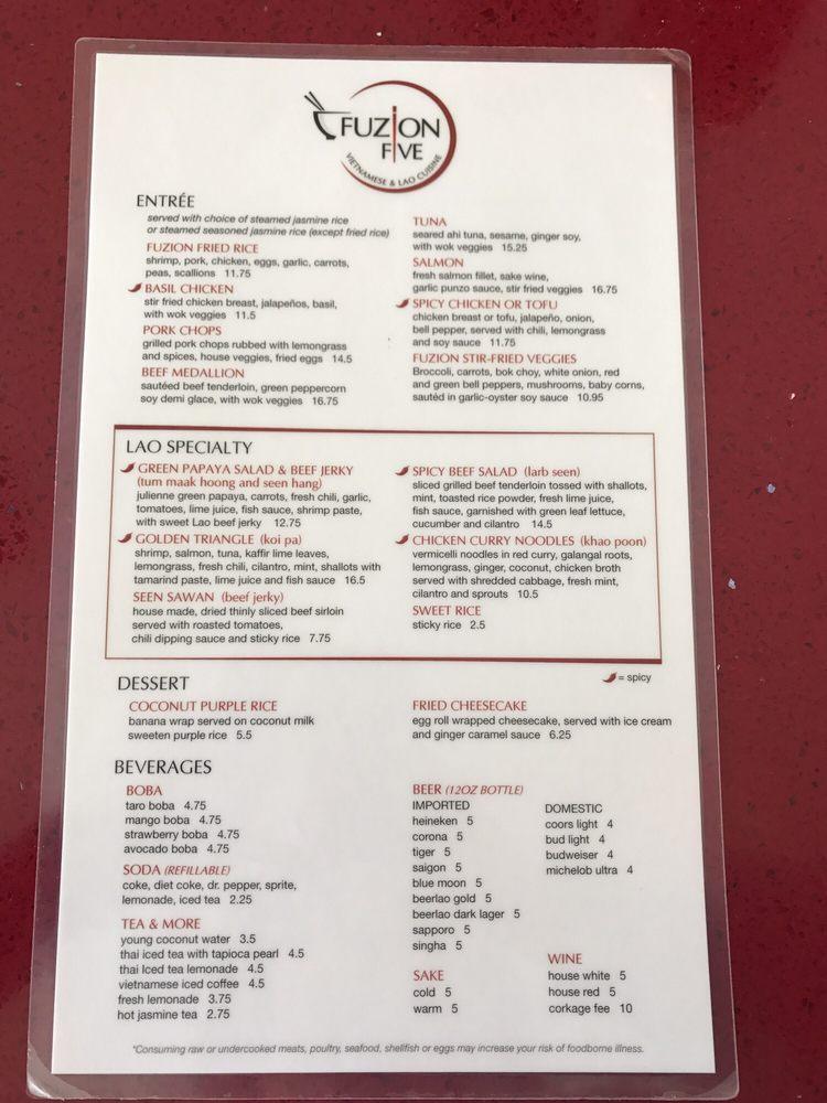 Menu at Fuzion Five restaurant, Palm Springs
