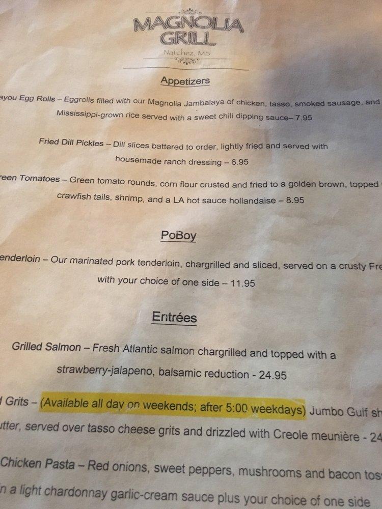 Menu at Magnolia Grill steakhouse, Natchez