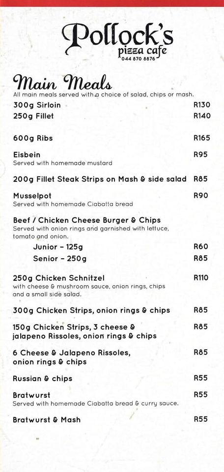 Menu at Pollock's Pizza Cafe, George