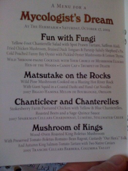 Menu at The Herbfarm restaurant, Woodinville