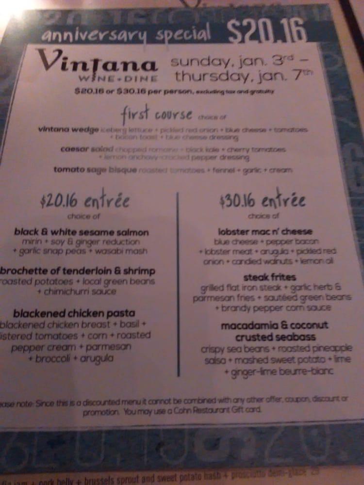 Menu at Vintana Wine + Dine pub & bar, Escondido