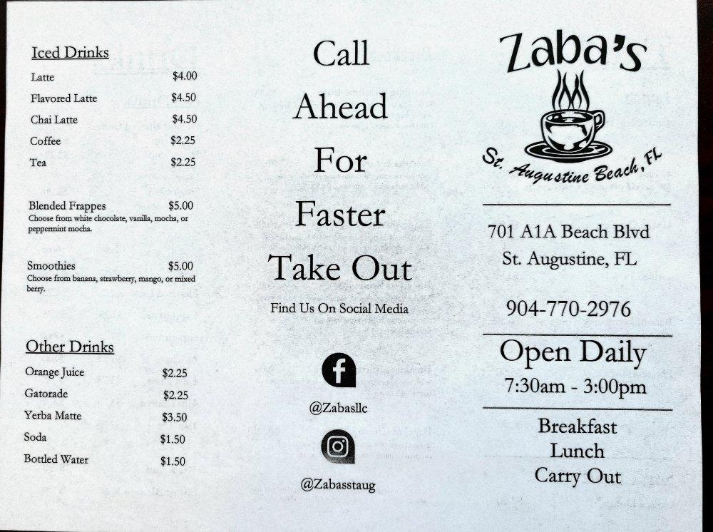 Menu at Zaba's restaurant, Saint Augustine Beach