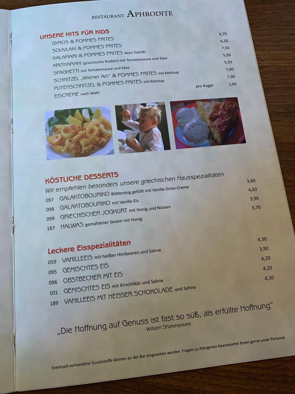 Speisekarte von Aphrodite FFB restaurant, Fürstenfeldbruck