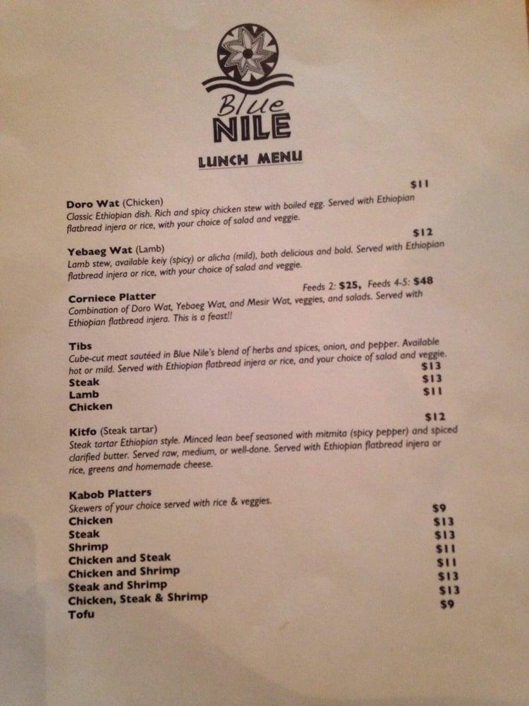 Menu at Blue Nile restaurant, Memphis