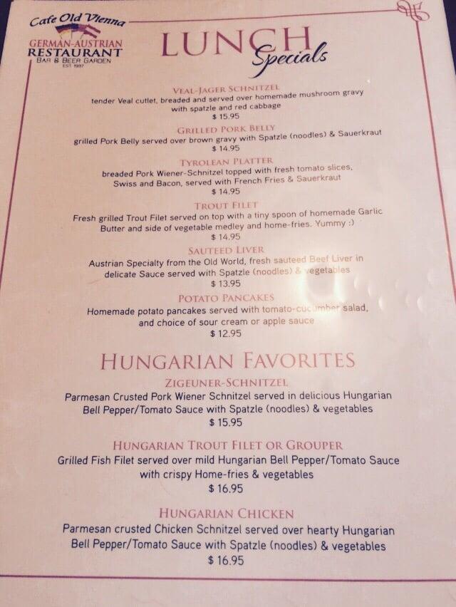 Menu at Cafe Old Vienna, Myrtle Beach, N Kings Hwy