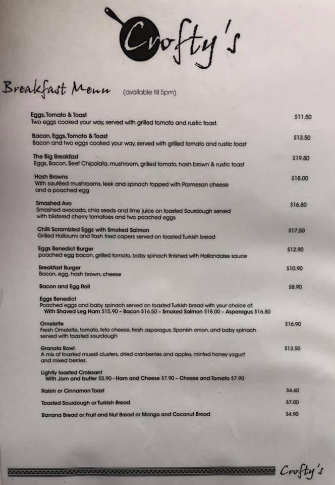 Menu at Crofty's cafe, Wadalba