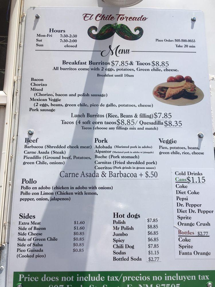 Menu at El Chile Toreado fast food, Santa Fe