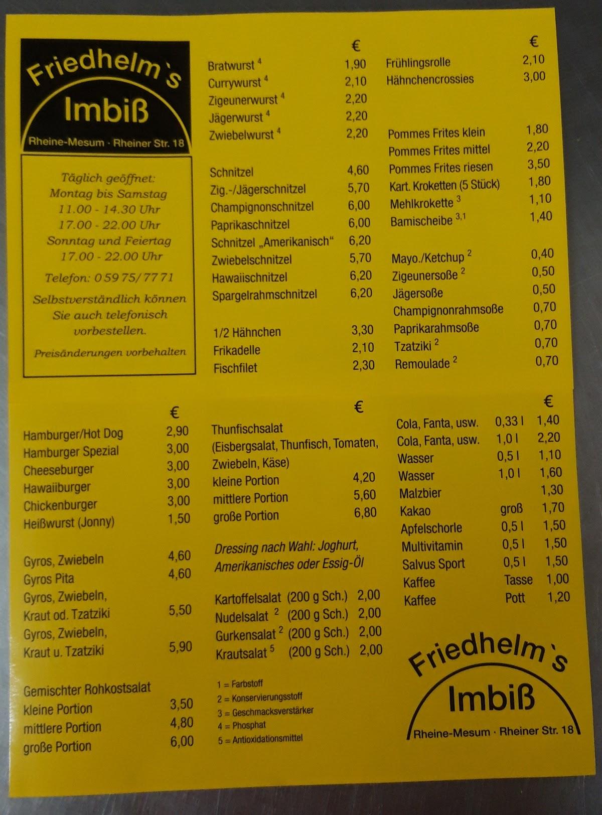 Speisekarte von Friedhelm's Schnellimbiß fast Food, Rheine, Alte ...
