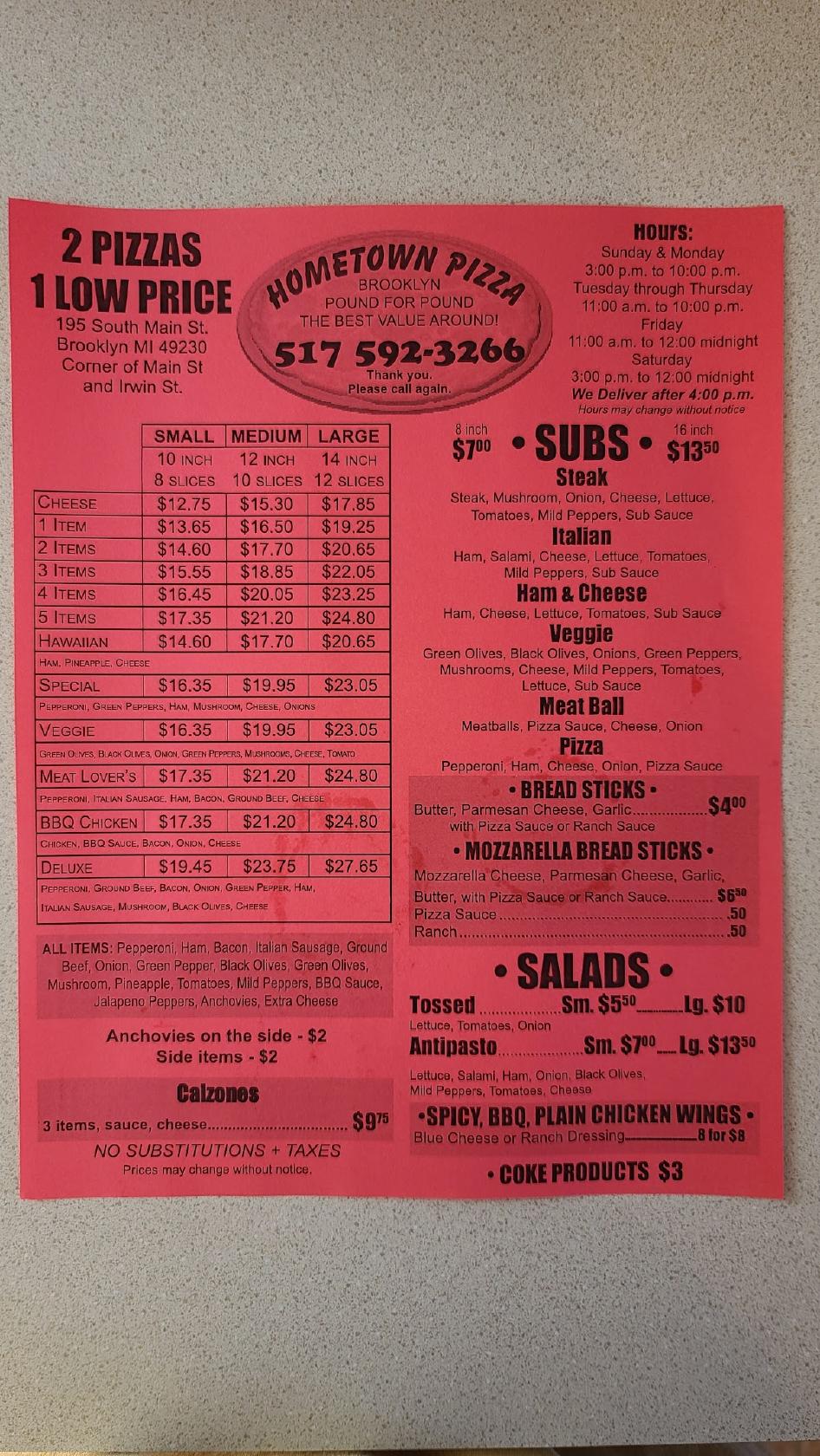 Menu at Hometown Pizza pizzeria, Brooklyn