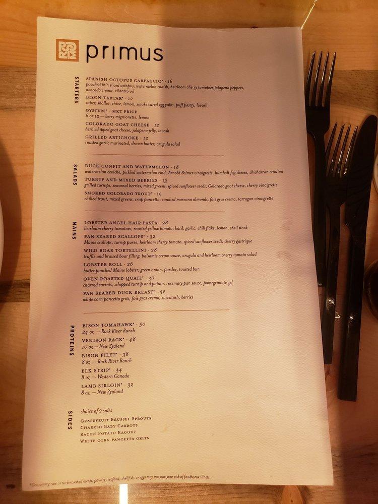 Menu at Primus Restaurant, Durango