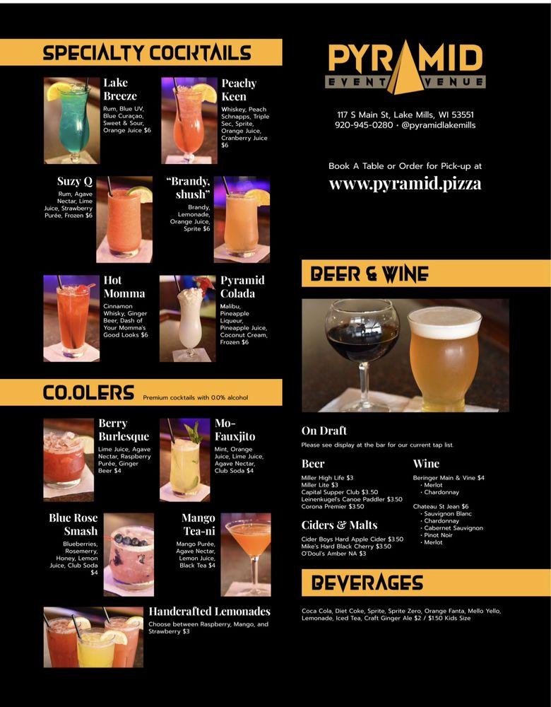 Menu at Pyramid Event Venue pub & bar, Lake Mills