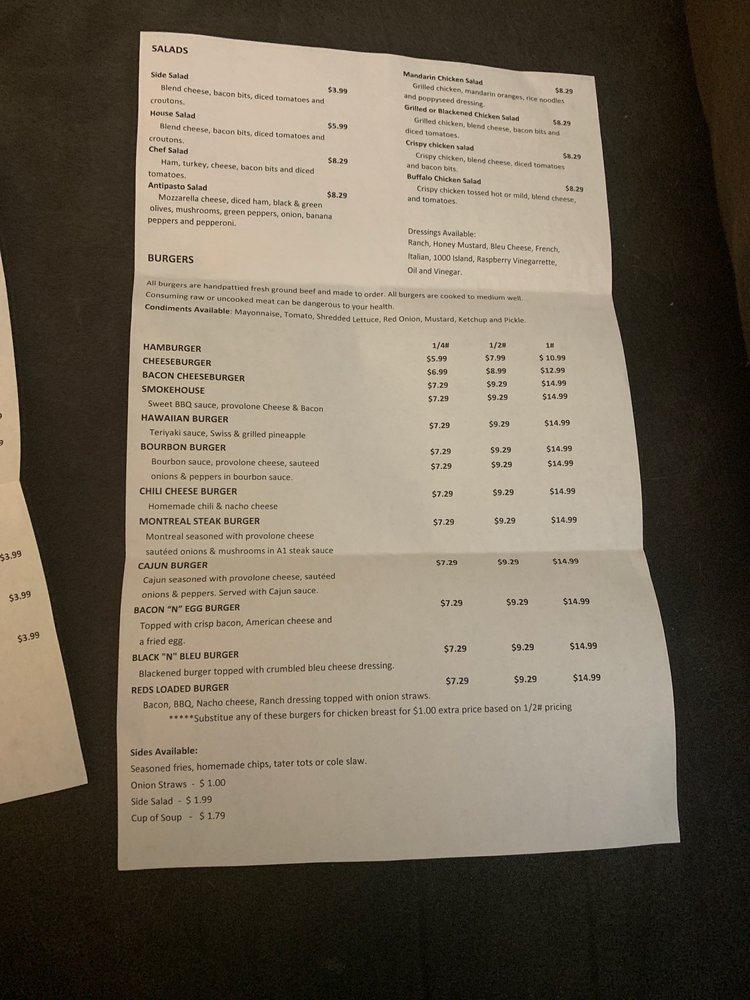 Menu at Red's Place pub & bar, Ashland, US-60