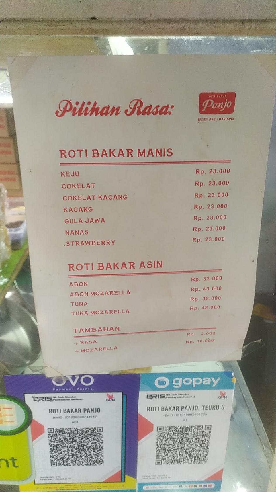 Carta del restaurante Roti Bakar Panjo, Teuku Umar, Bandung