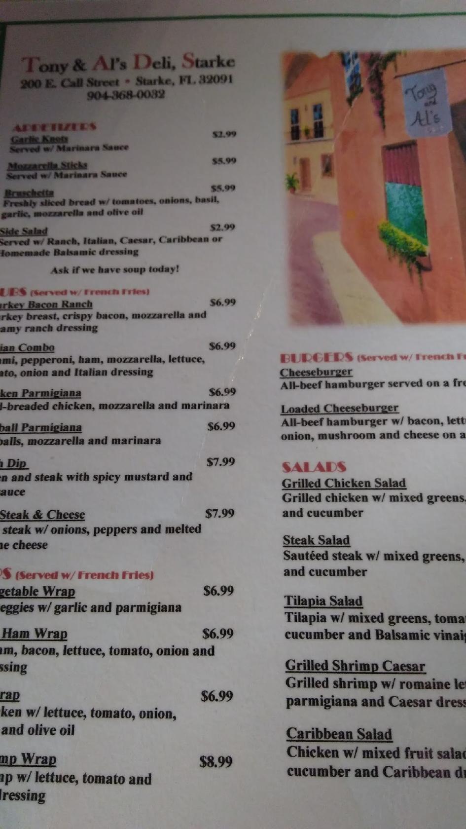 Menu at Tony and Al's Deli pizzeria, Starke