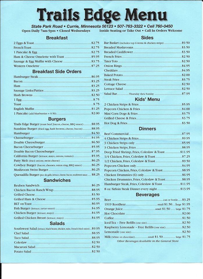 Menu at Trail's Edge General Store cafe, Currie