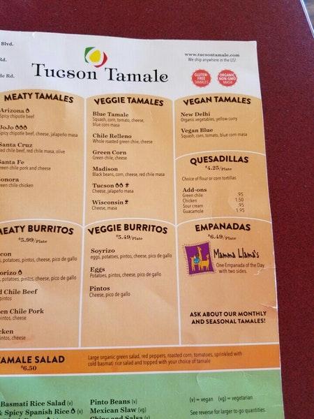 Menu at Tucson Tamale Company restaurant, Tucson, N Oracle Rd