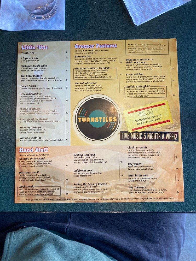 Menu at Turnstiles Bar, Grand Rapids, 526 Stocking Ave NW