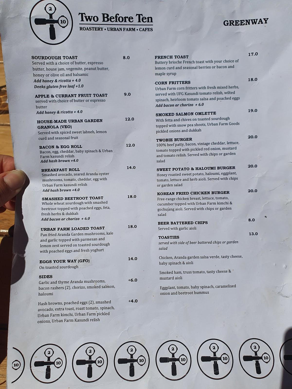 Menu at Two Before Ten Greenway cafe, Greenway