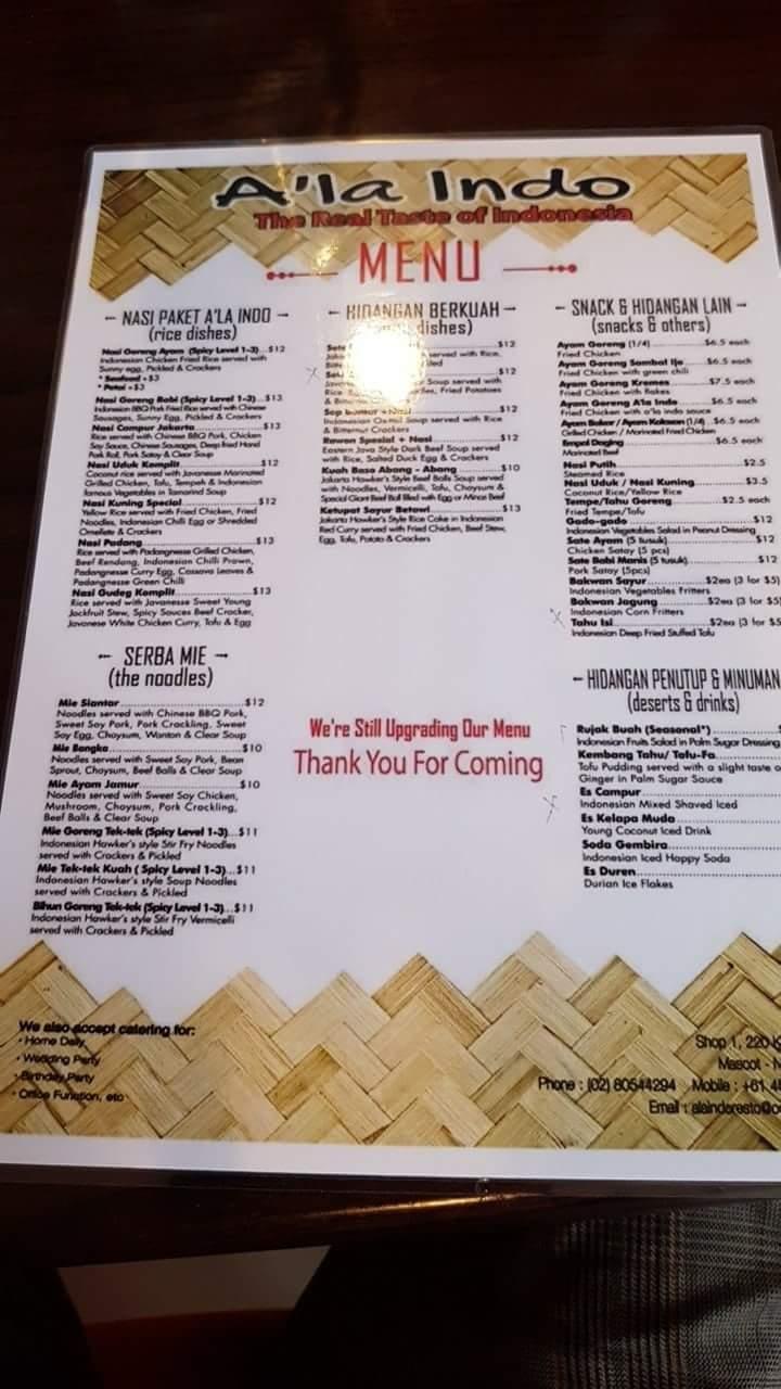 Menu at A'la Indo restaurant, Mascot