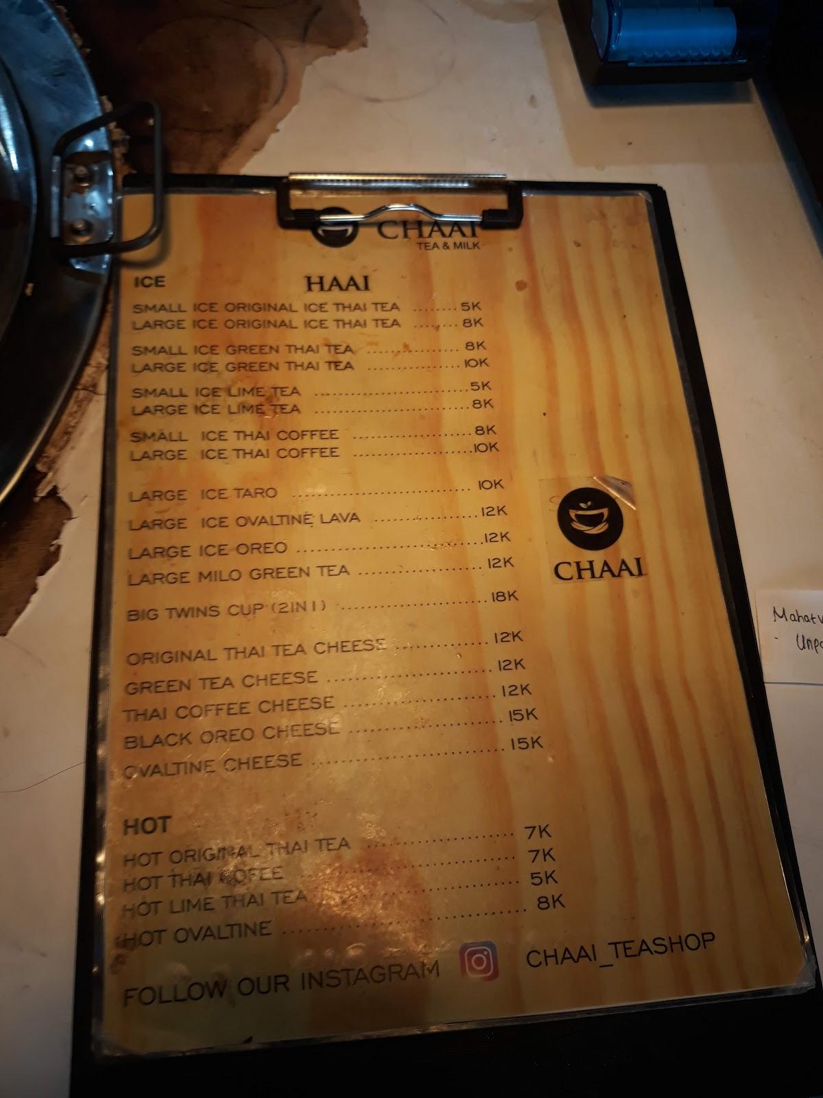 Menu at Chaai Jatinangor cafe, Cibeusi