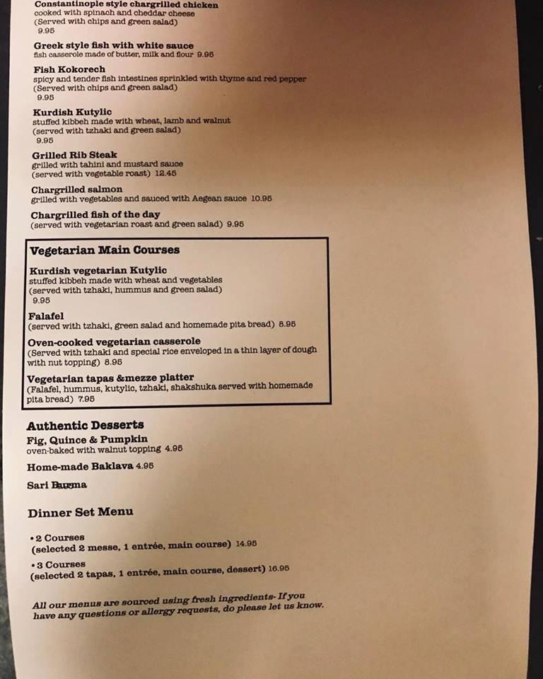 Carta de Constantinople Restaurant, Brighton