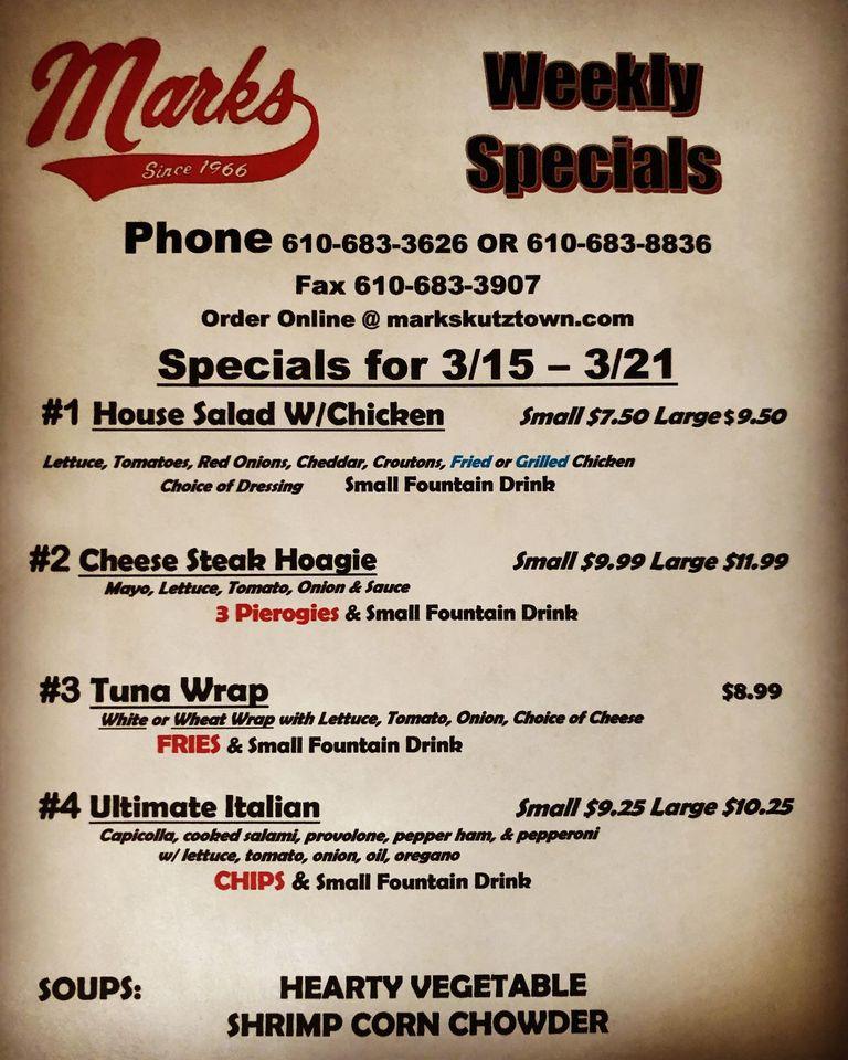 Menu at Mark's Sandwich Shop pizzeria, Kutztown