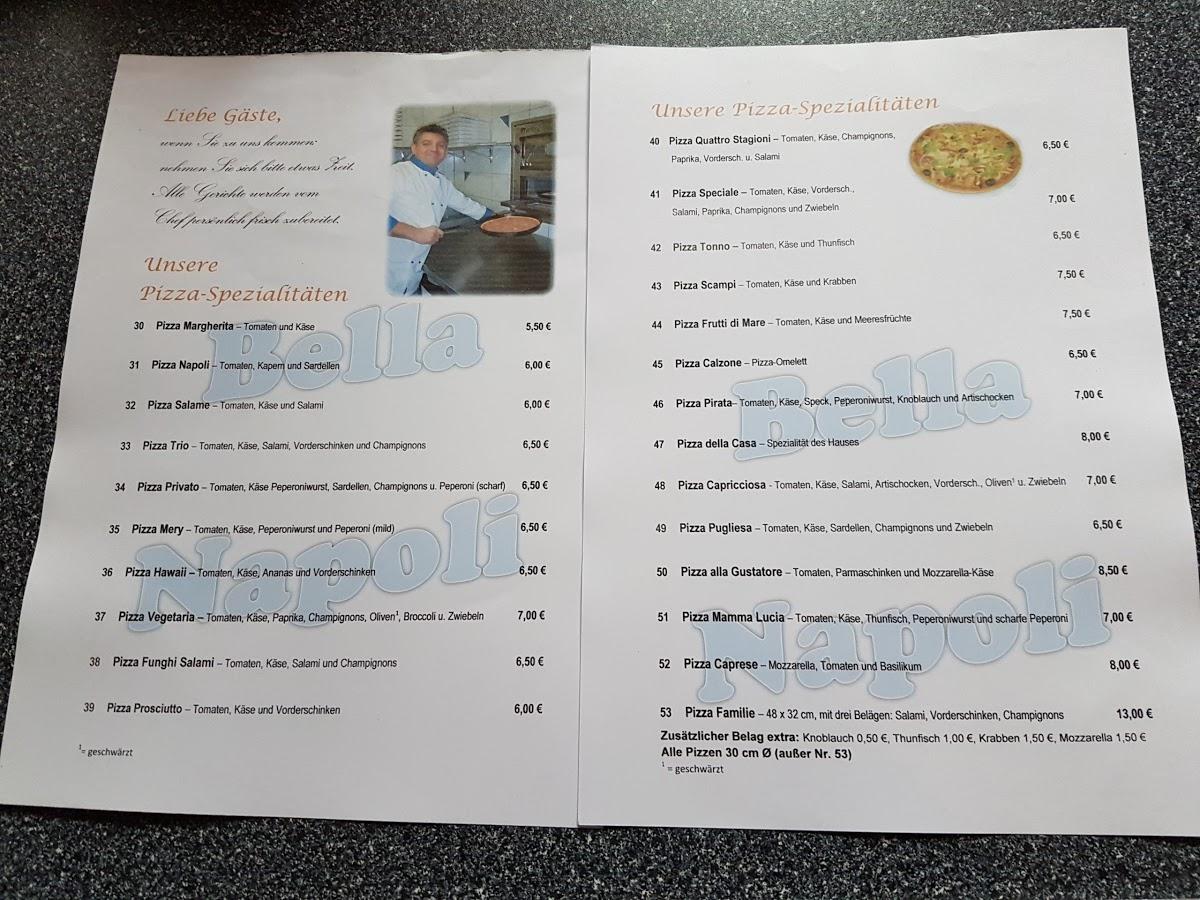 Menu at Pizzeria Bella Napoli, Wiesentheid