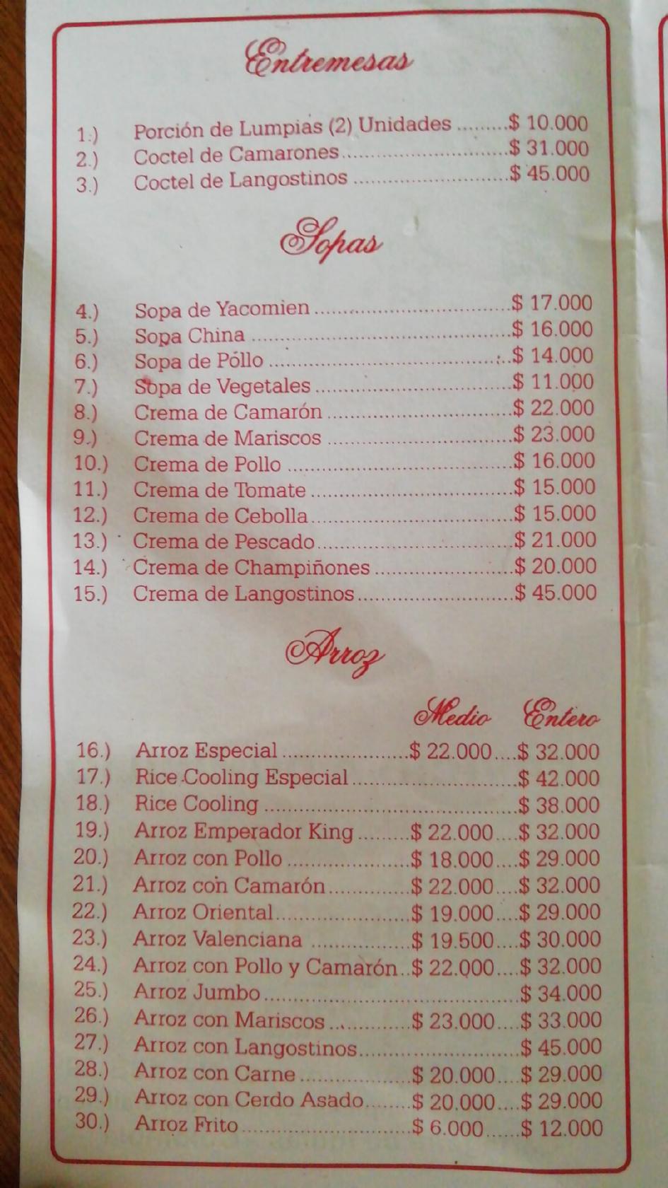 Carta de Restaurante Emperador King, Cartagena, 59
