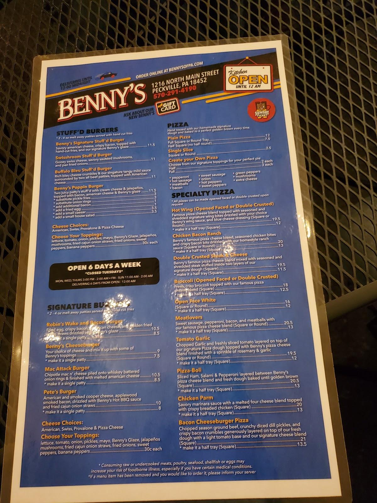 Carta de Benny’s Sports Bar and Restaurant, Blakely