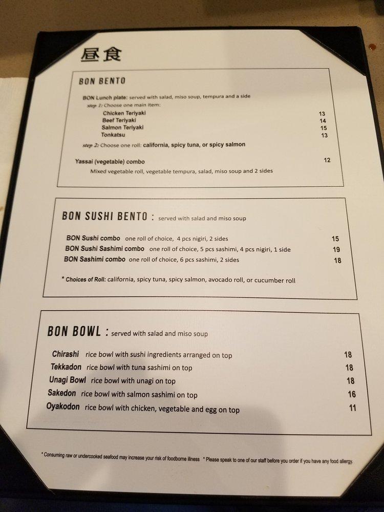 Menu at Bon Japanese Cuisine restaurant, Bee Cave