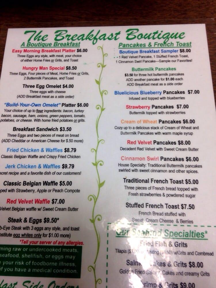 Menu at Breakfast Boutique restaurant, Philadelphia, N Broad St