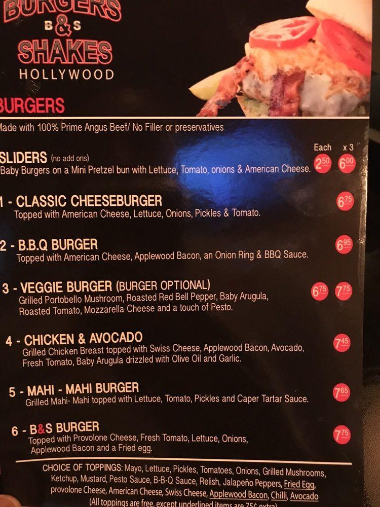 Menu at Burgers and Shakes pub & bar, Hollywood