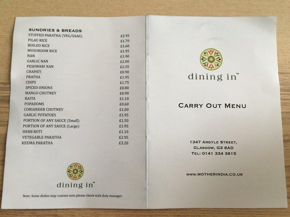 Menu at Dining In With Mother India restaurant, Glasgow, Argyle St