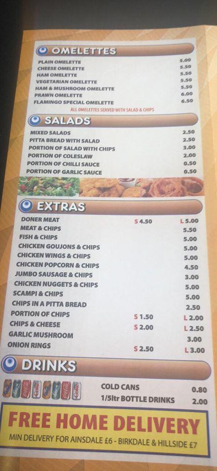 Menu at Flamingos fast food, Southport