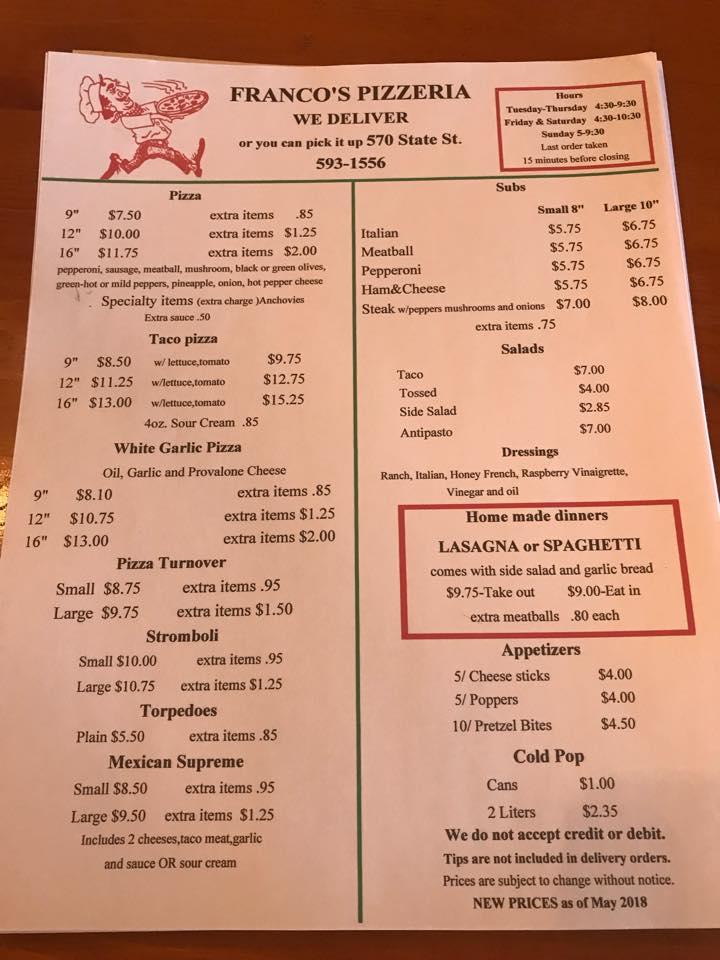 Menu at Franco's Pizzeria, Conneaut, 570 State St