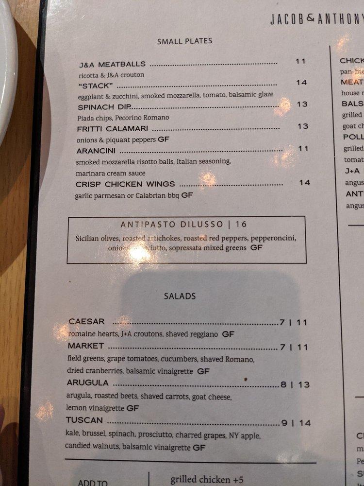 Menu at Jacob & Anthony Italian restaurant, Albany