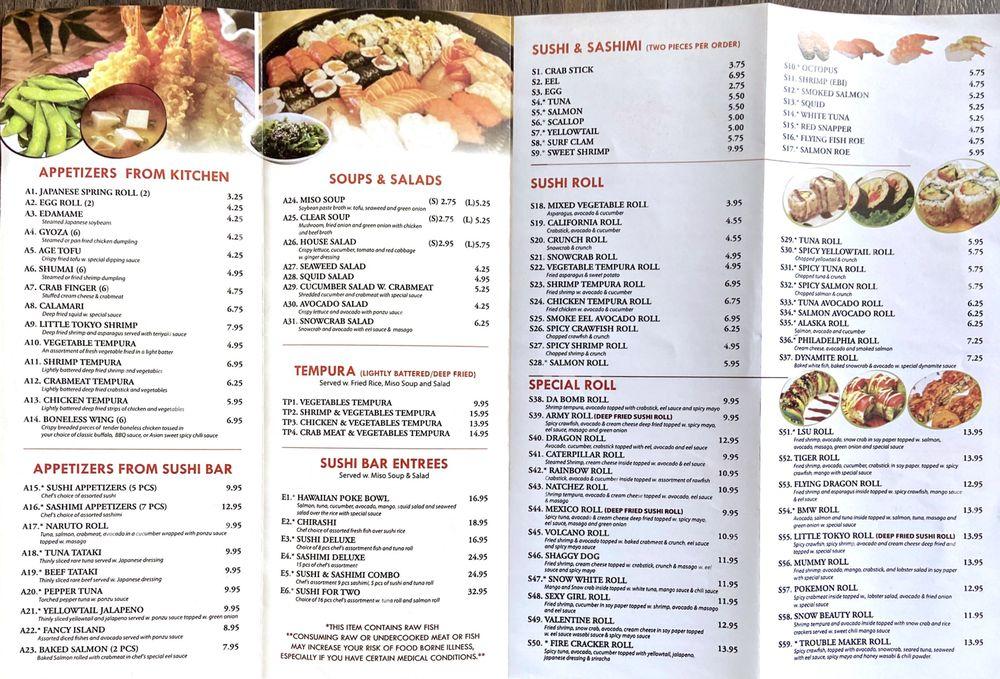 Menu at Little Tokyo restaurant, Natchez, 25 Sergeant Prentiss Dr
