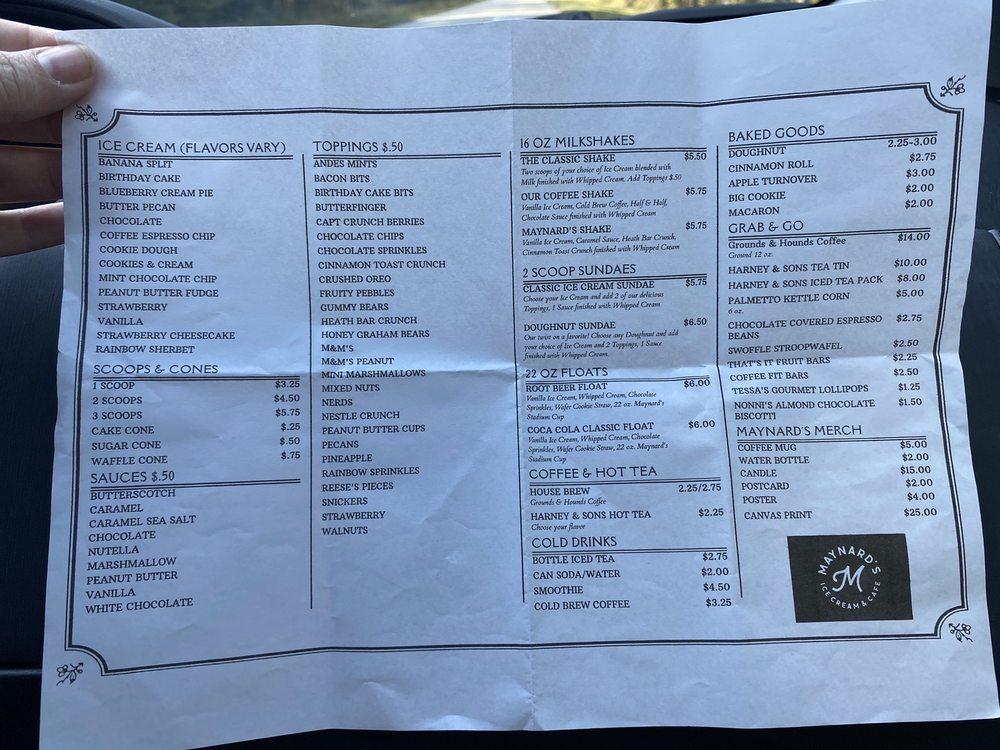 Menu at Maynard's Ice Cream & Cafe, Port Royal