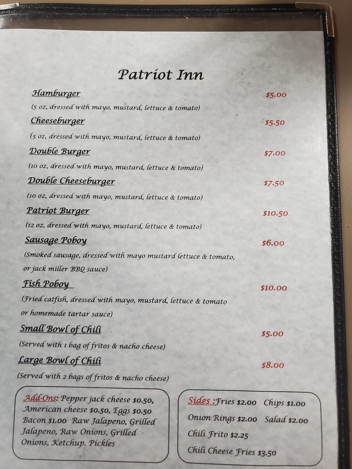 Menu at Patriot Inn pub & bar, Maurice