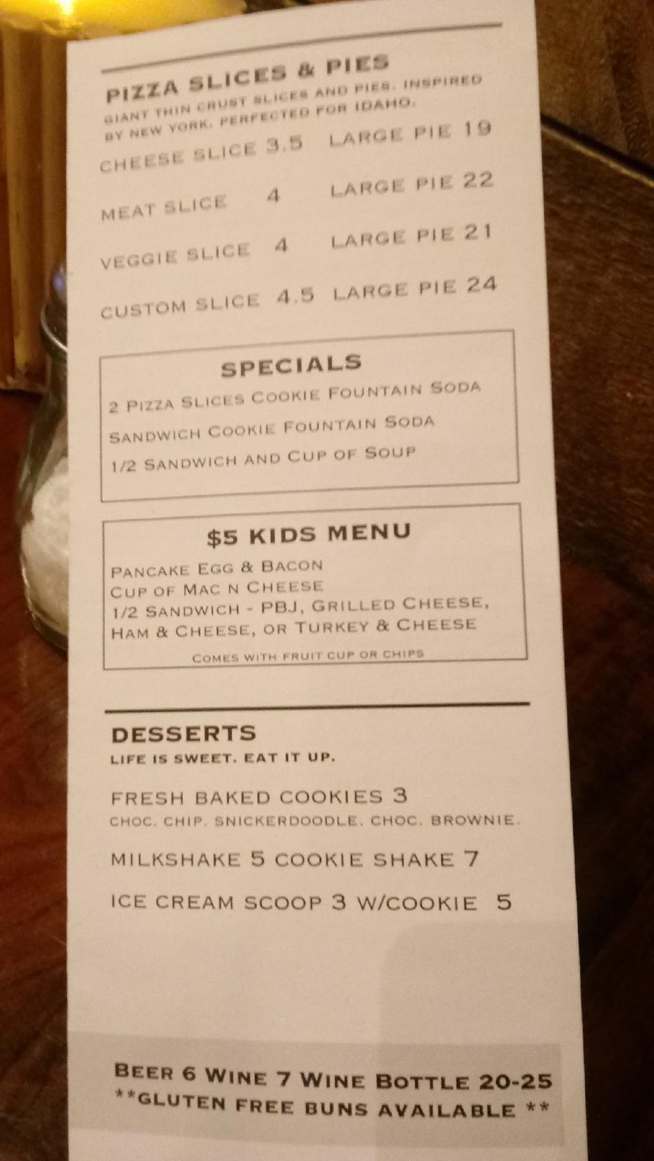 Menu at Rustic pizzeria, Coeur d'Alene