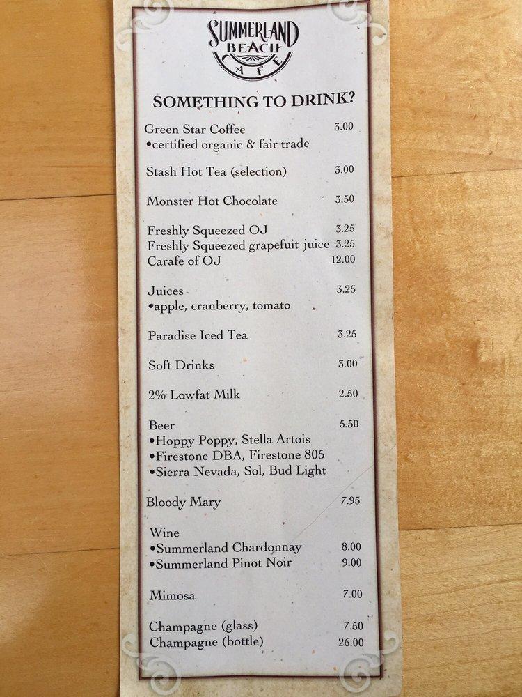 Menu at Summerland Beach Cafe, Summerland