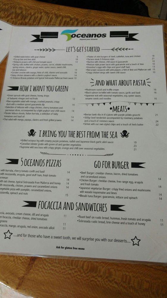 Menu at 5 Oceanos pub & bar, Alcúdia, Urb. Bonaire