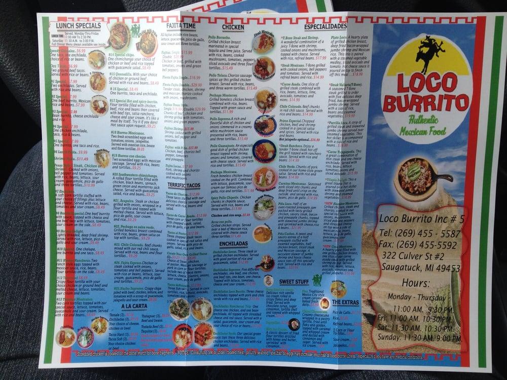 Carta del restaurante El Burrito Feliz, Saugatuck